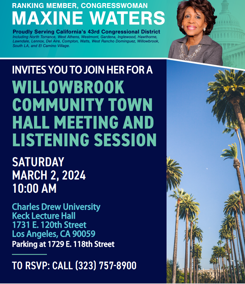 TOMORROW: Join Congresswoman Maxine Waters for a Willowbrook Town Hall